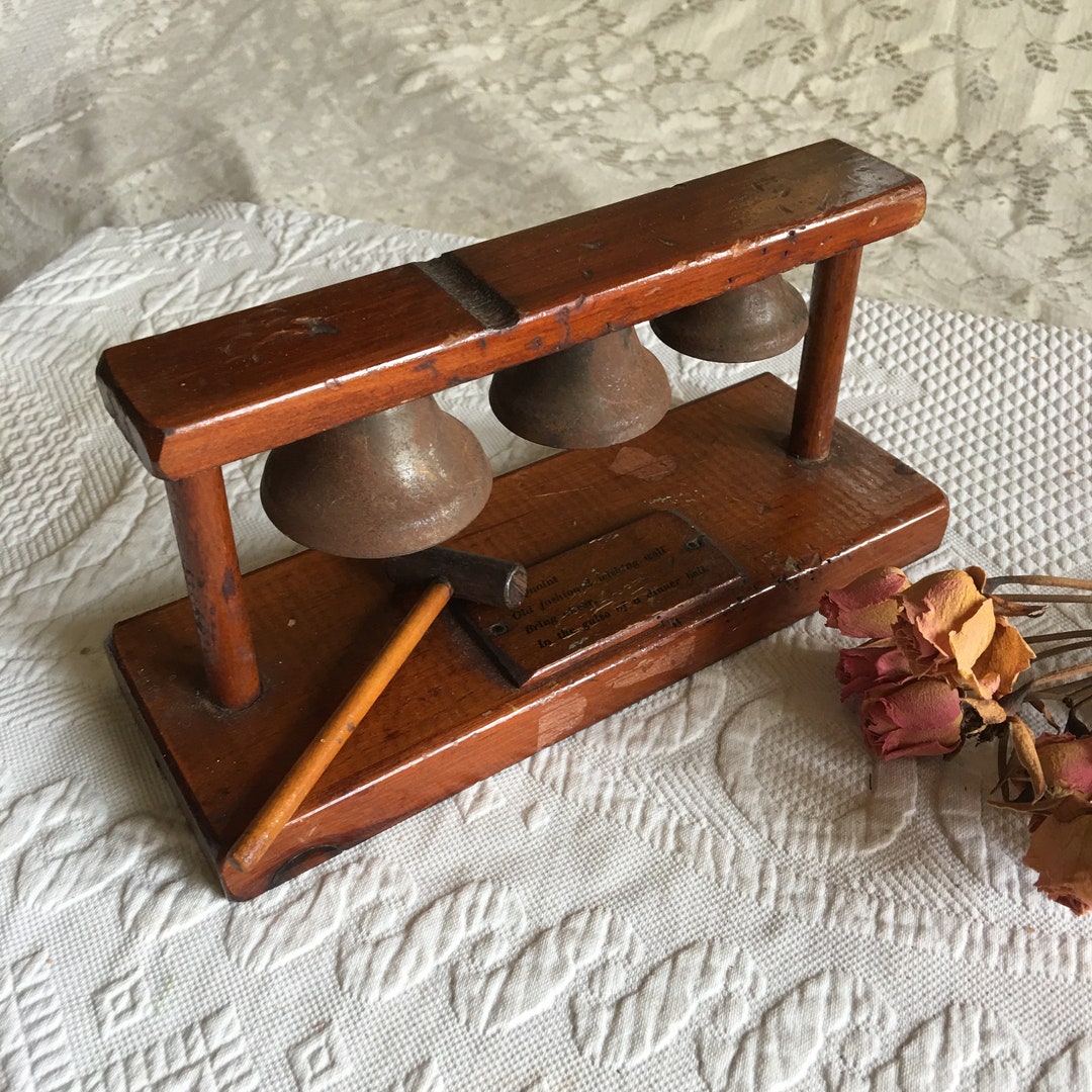 Vintage 3 Bells and Striker in Wooden Frame. Metal Hammer and Wood ...