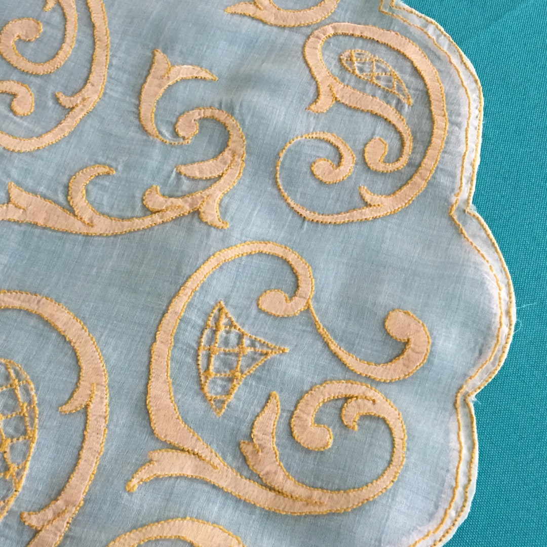 Victorian Shadow Embroidery Stitched Doily. Sheer Cotton and Gold ...