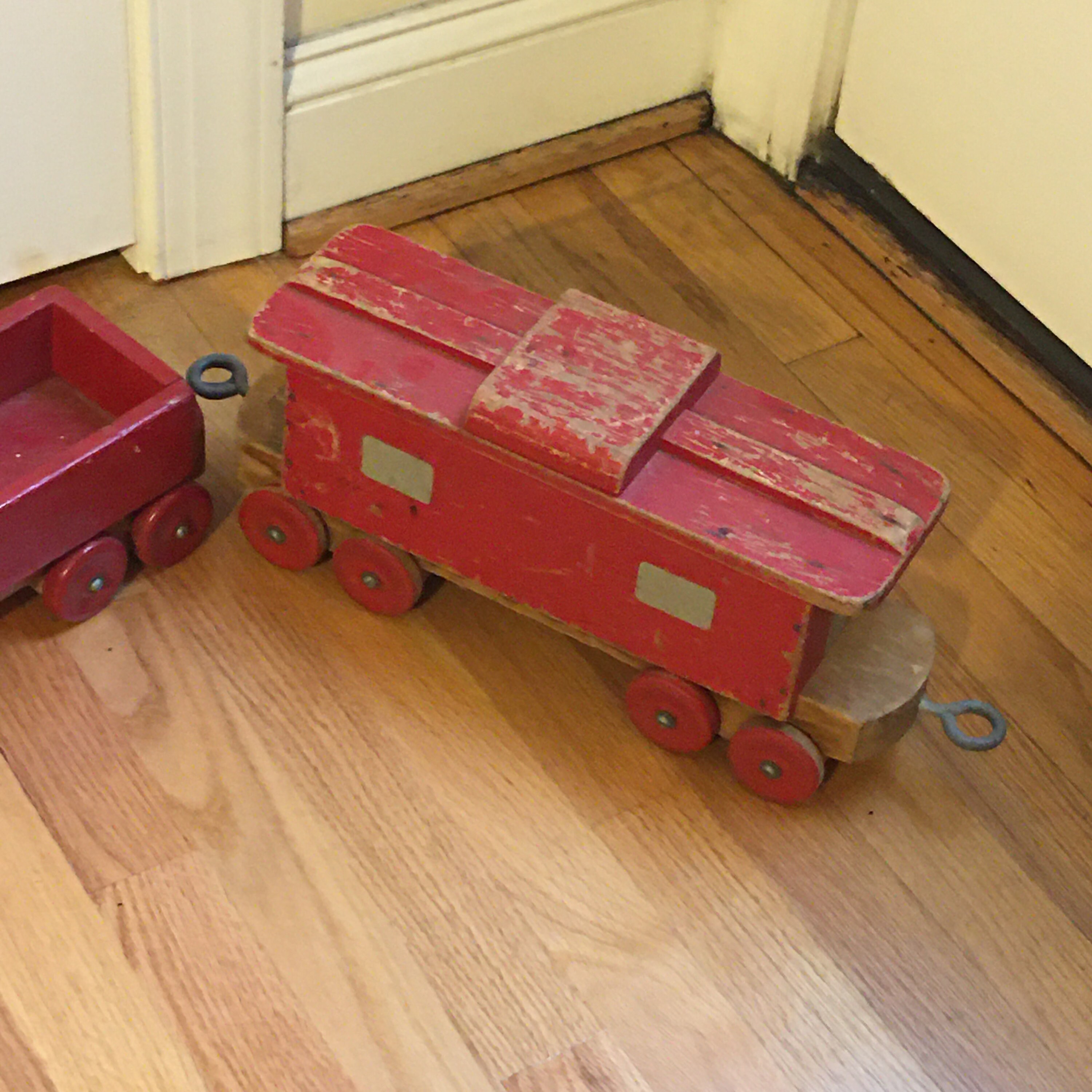 Vintage 4 Car Wood Train. Large Cars, A Red and Natural Wood Engine, A ...