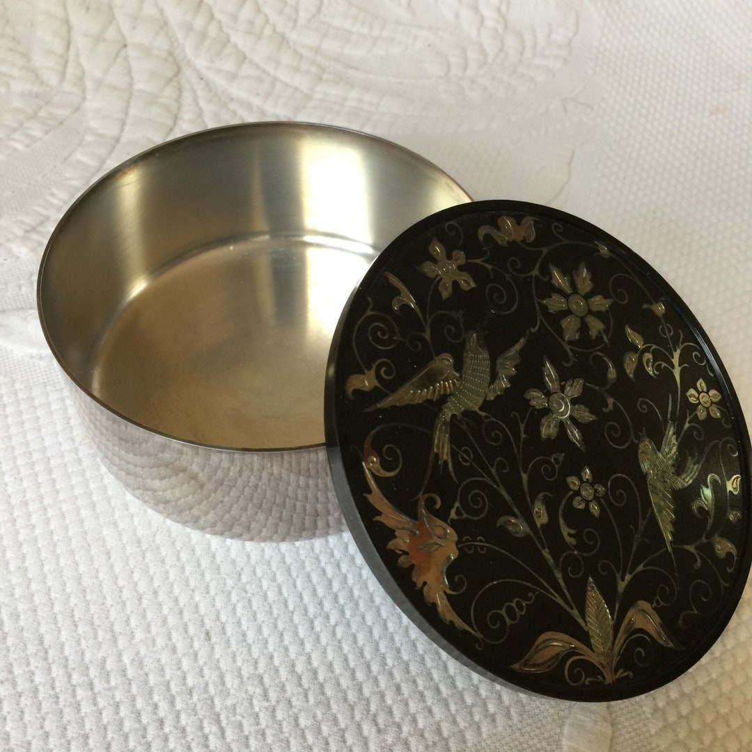 Vintage Oneida Stainless Steel Box With Black Plastic Lid With Silver ...