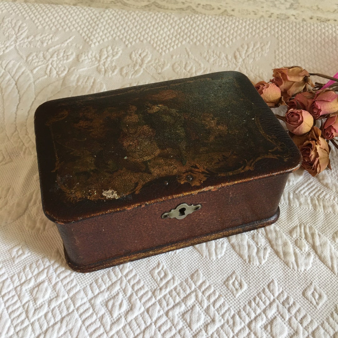 Antique Metal Locking Dresser Box. No Key. Red Painted Interior ...