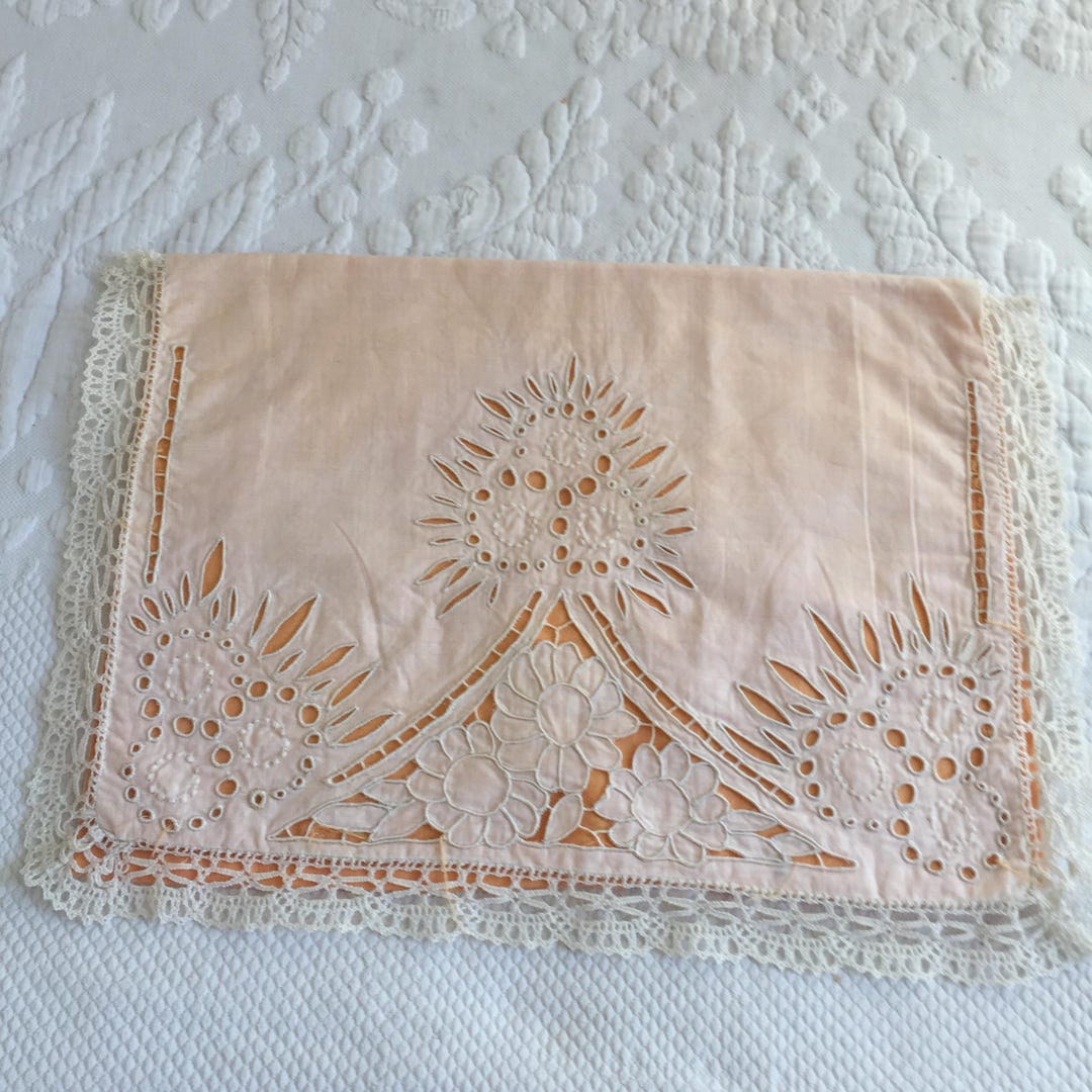 Vintage Linen With Eyelet and Buttonhole Edged Openings. Crocheted Lace ...