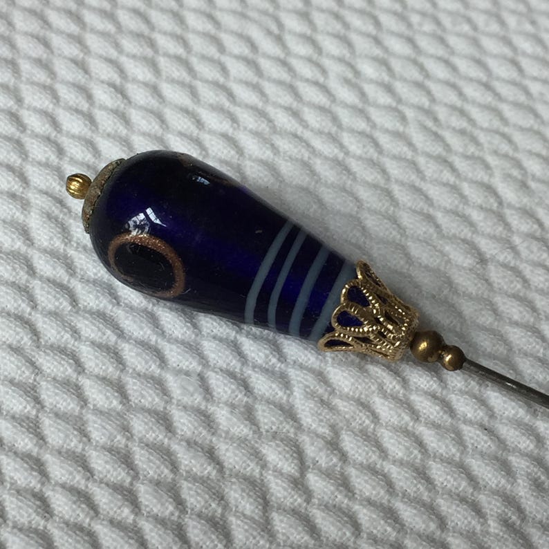 Vintage Long Hat Pin. Choose Blue Blown Glass, or Blue Beads, or Real ...