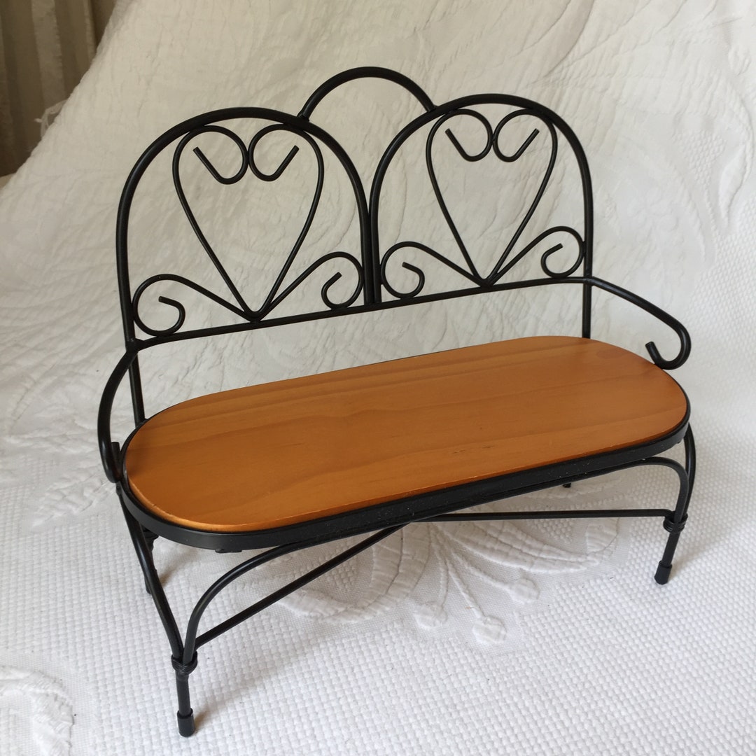 Vintage Wood and Wire Loveseat Doll Chair. Black Wrought Iron Curled ...