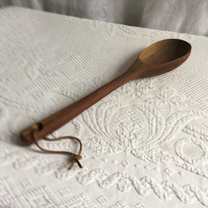 Vintage Wooden Bowl Spoon With Hole in End of Handle With Leather Strap ...
