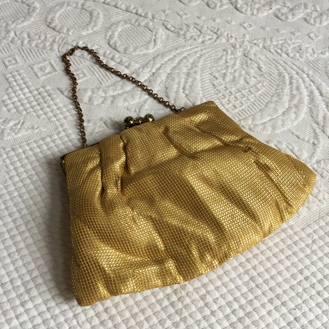 Vintage Gold Fabric Purse. Double Ball Twist Latch. Wrist Chain ...
