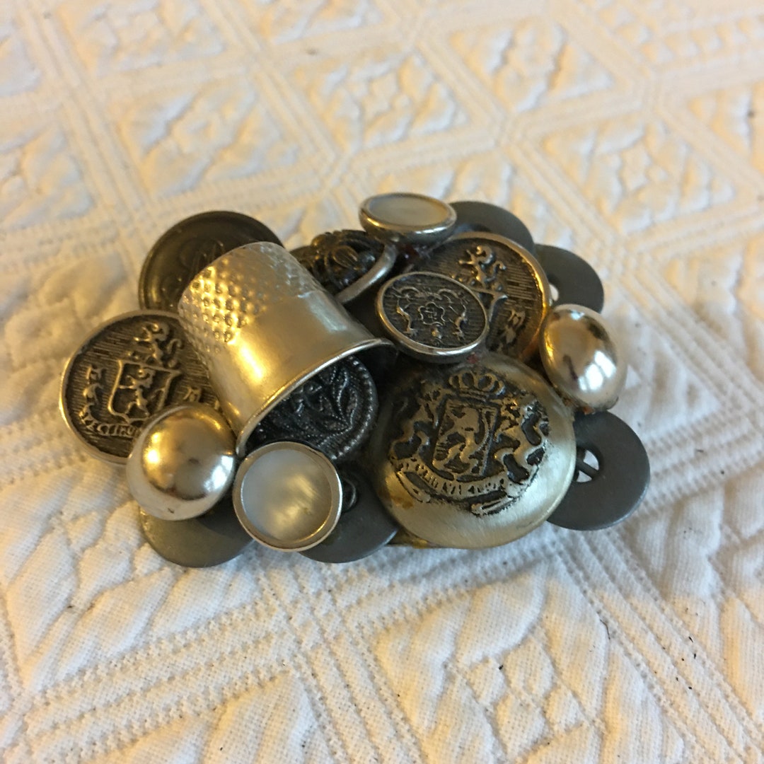 Vintage Button Brooch. Hand Made Silver Buttons and Thimble Covering a ...