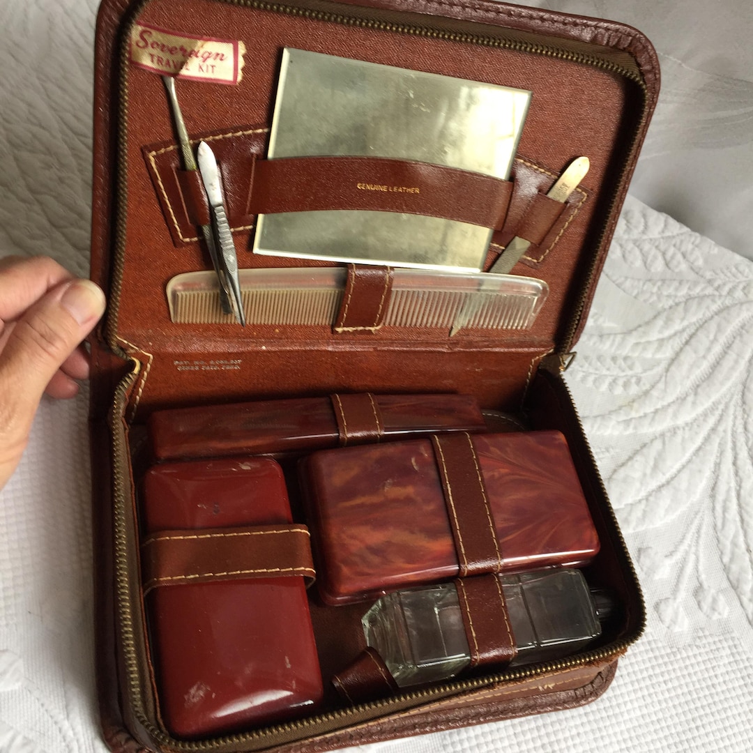 Vintage Travel Grooming Set. Art Deco Leather Sovereign Travel Kit for ...