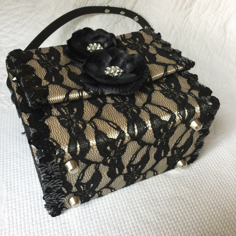 Vintage Black Lace Box Purse. Lace Over Cream Satin With Sequin Trim ...