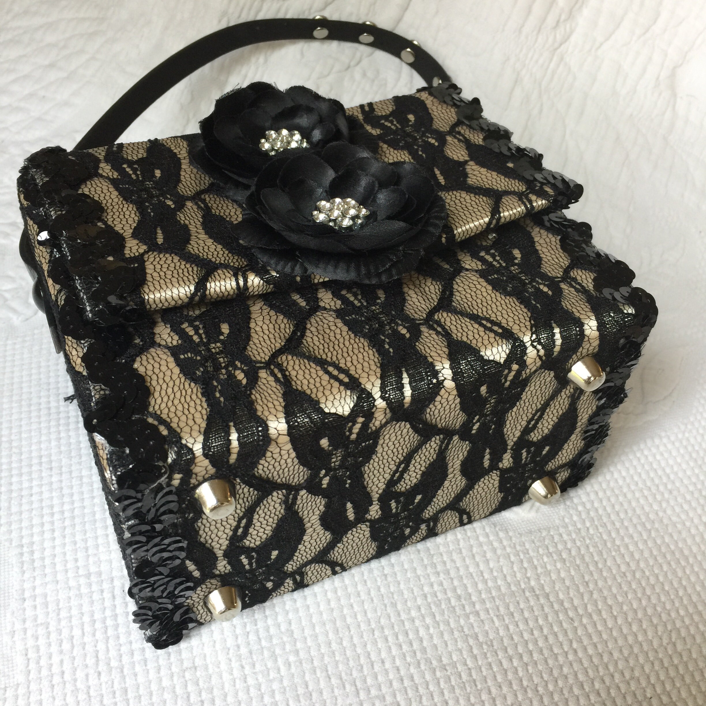 Vintage Black Lace Box Purse. Lace Over Cream Satin With Sequin Trim ...
