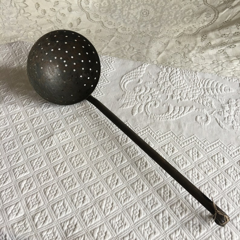 Antique Large Iron Straining Ladle. Curved Handle End to Hang. Dark ...