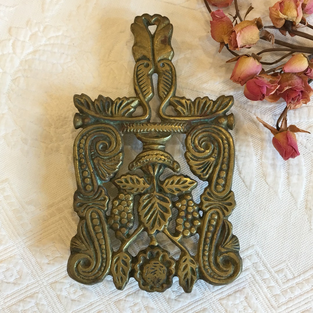 Vintage Cast Brass Fancy Trivet With Four Legs. Grape Clusters, Leaves ...