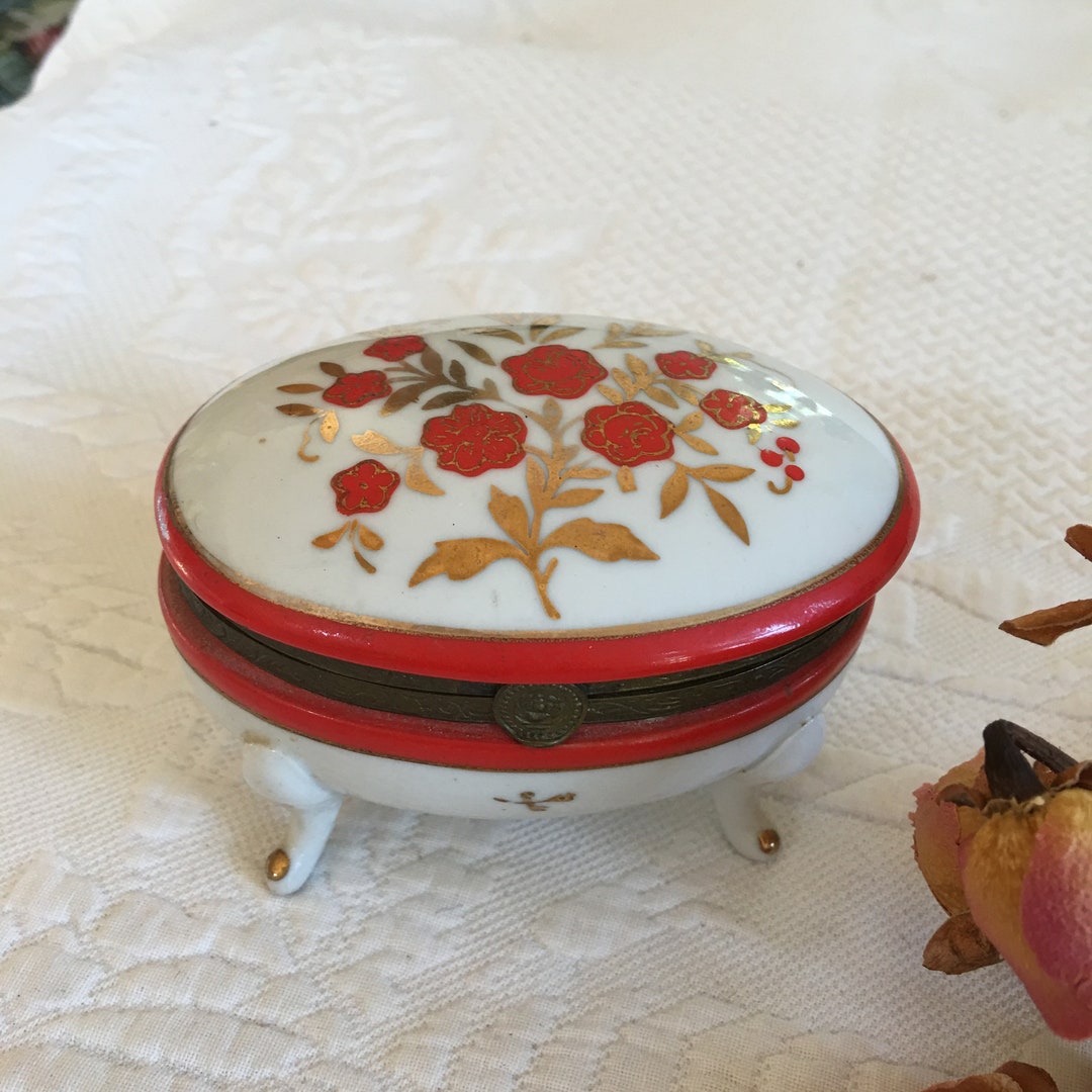 Vintage Isco Ceramic Box. Hand Painted Red and Gold Flowers on Top. 1 ...