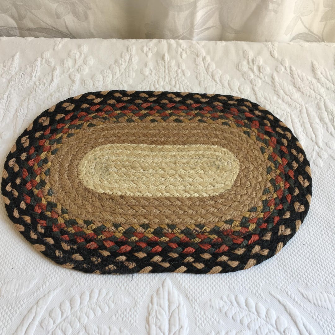 Vintage Braided Mat in 100 Percent Cotton. Stenciled Pine Branches and ...