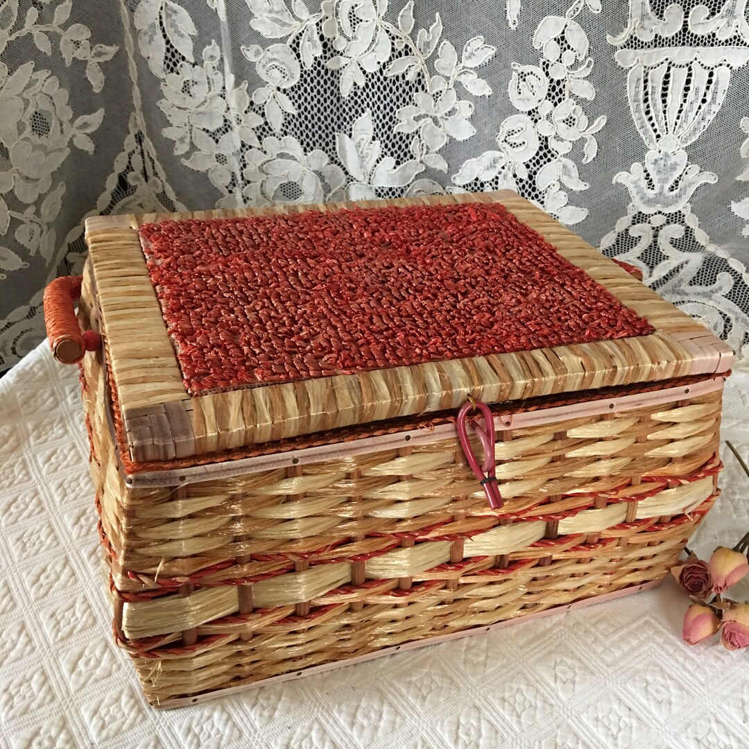 Vintage Sewing Basket With Red Satin Lining. Tufted Inside Lid With ...