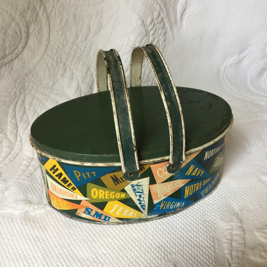 Vintage College Banners on Oval Tin With Top Two Handles. Top is Stuck ...