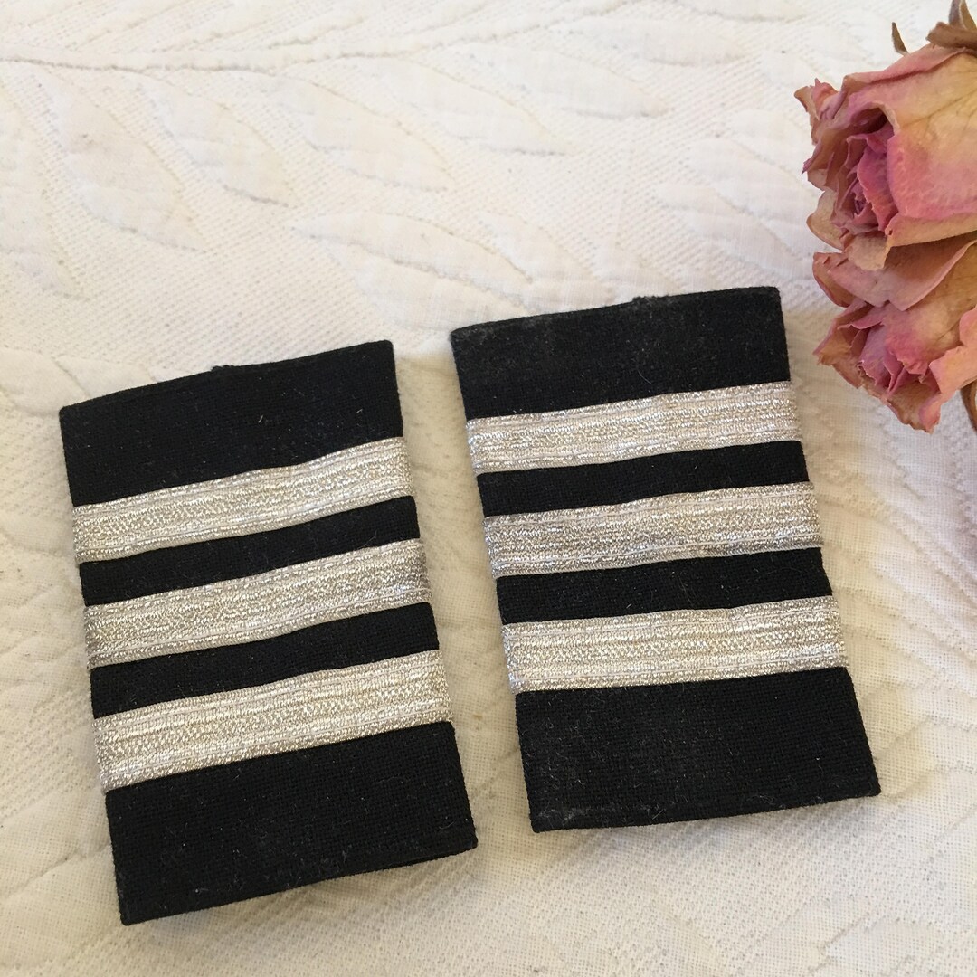 Vintage Co-pilot Epaulets. 3 Silver Stripes on Black Background, First ...