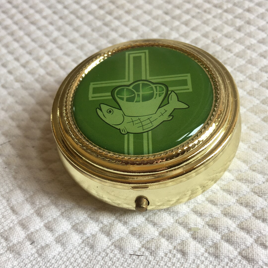 Pill Box With Cross, Fish and Basket of Loaves. Green Religious Design ...