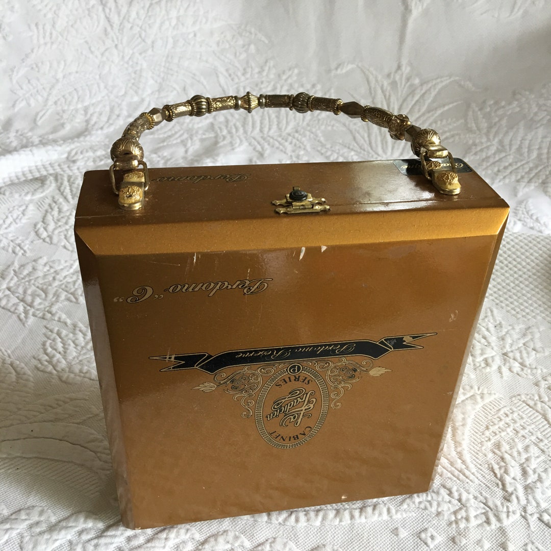 Vintage Cigar Box Purse. Hinges, Latch, Gold Beaded Handle, Tiger Print ...