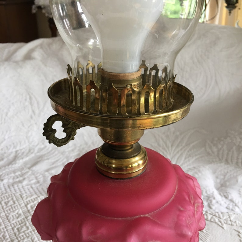 Antique Glass Victorian Rose Lamp W/ Hurricane Shade. Dark Pink Molded ...