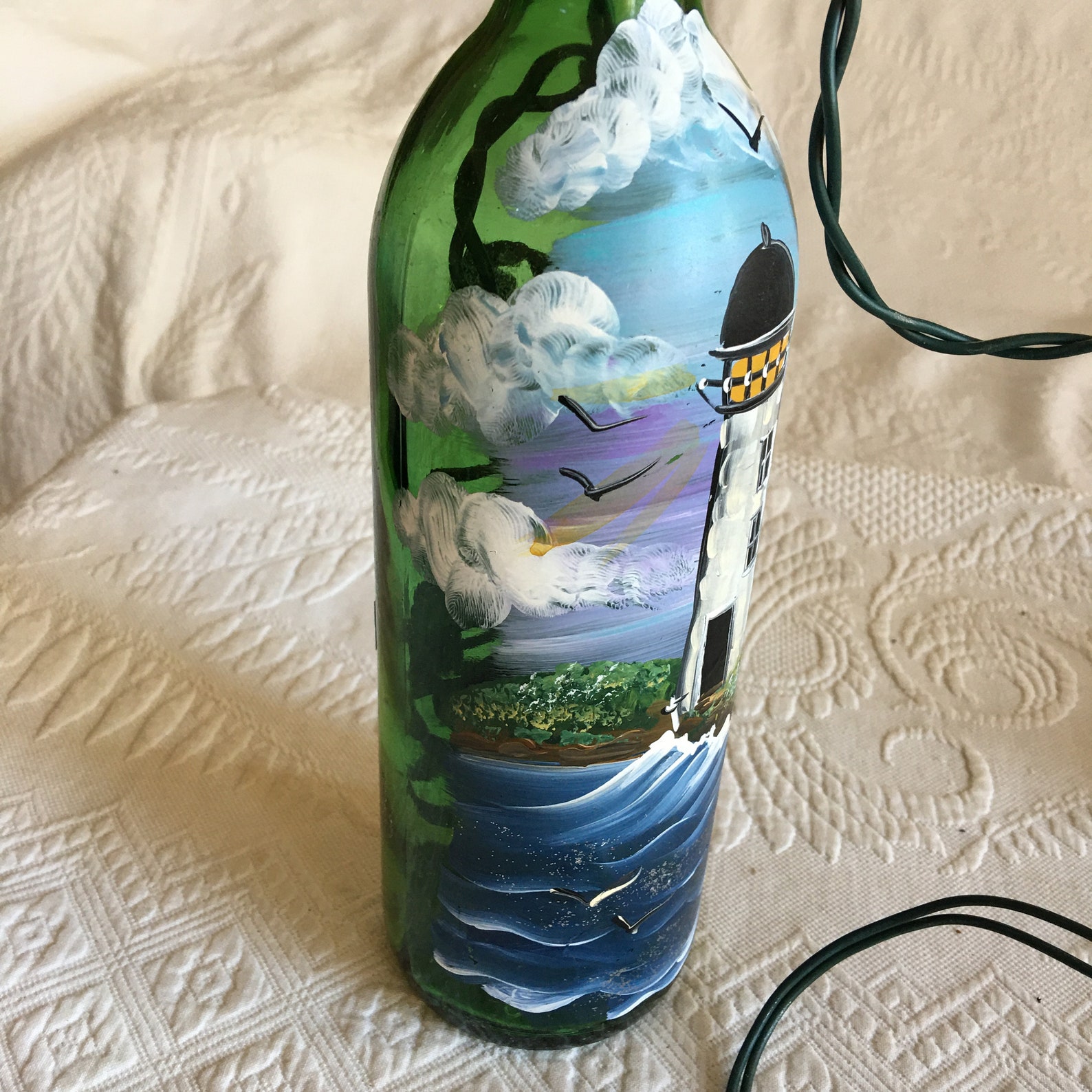 Lighthouse Hand Painted Wine Bottle With Lights Inside. Green - Etsy