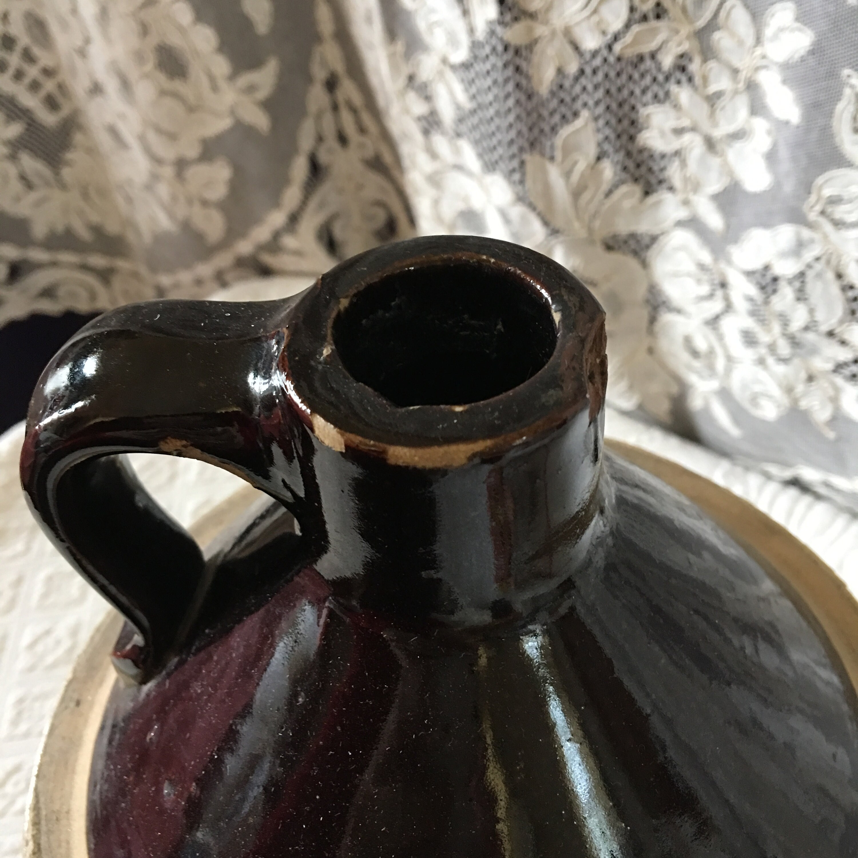 Antique Brown Jug With Handle. Brown and Beige Pottery Jug. Stopper ...