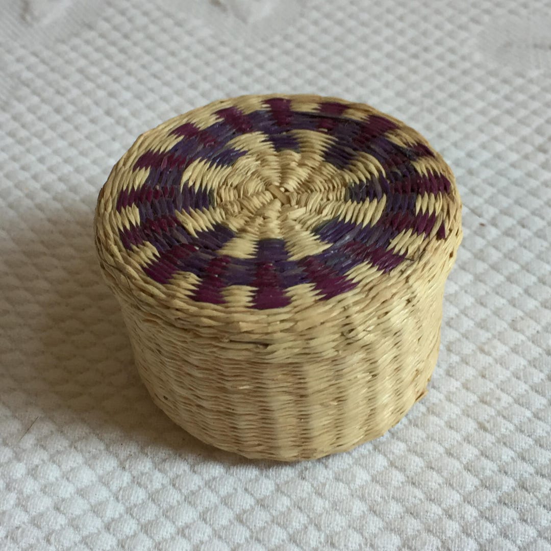 Vintage Mini Round Lidded Basket With Colored Designs Woven In. Tightly ...