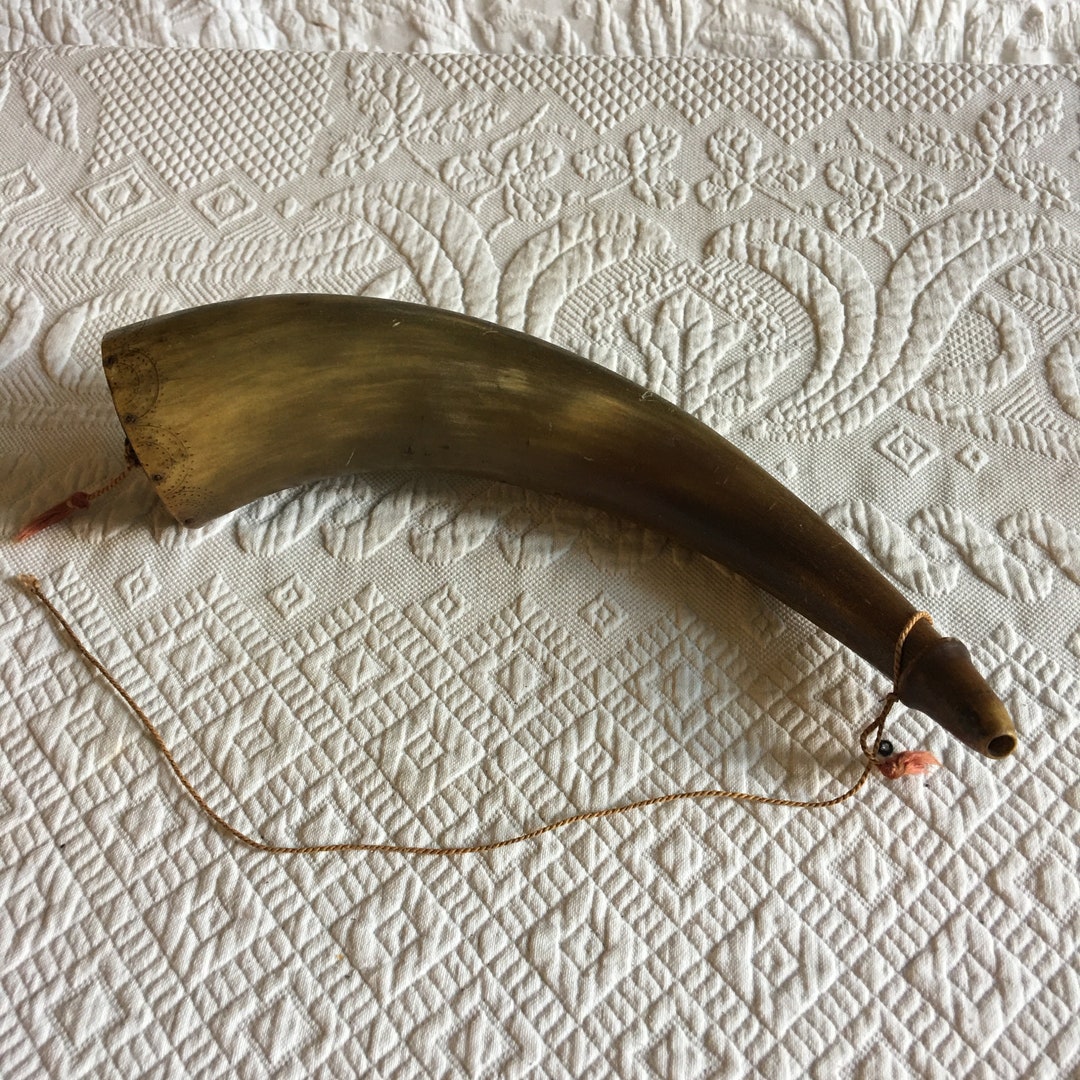 Antique 1800s Powder Horn. Hand Carved Wood Plug, Decorative Scalloped ...