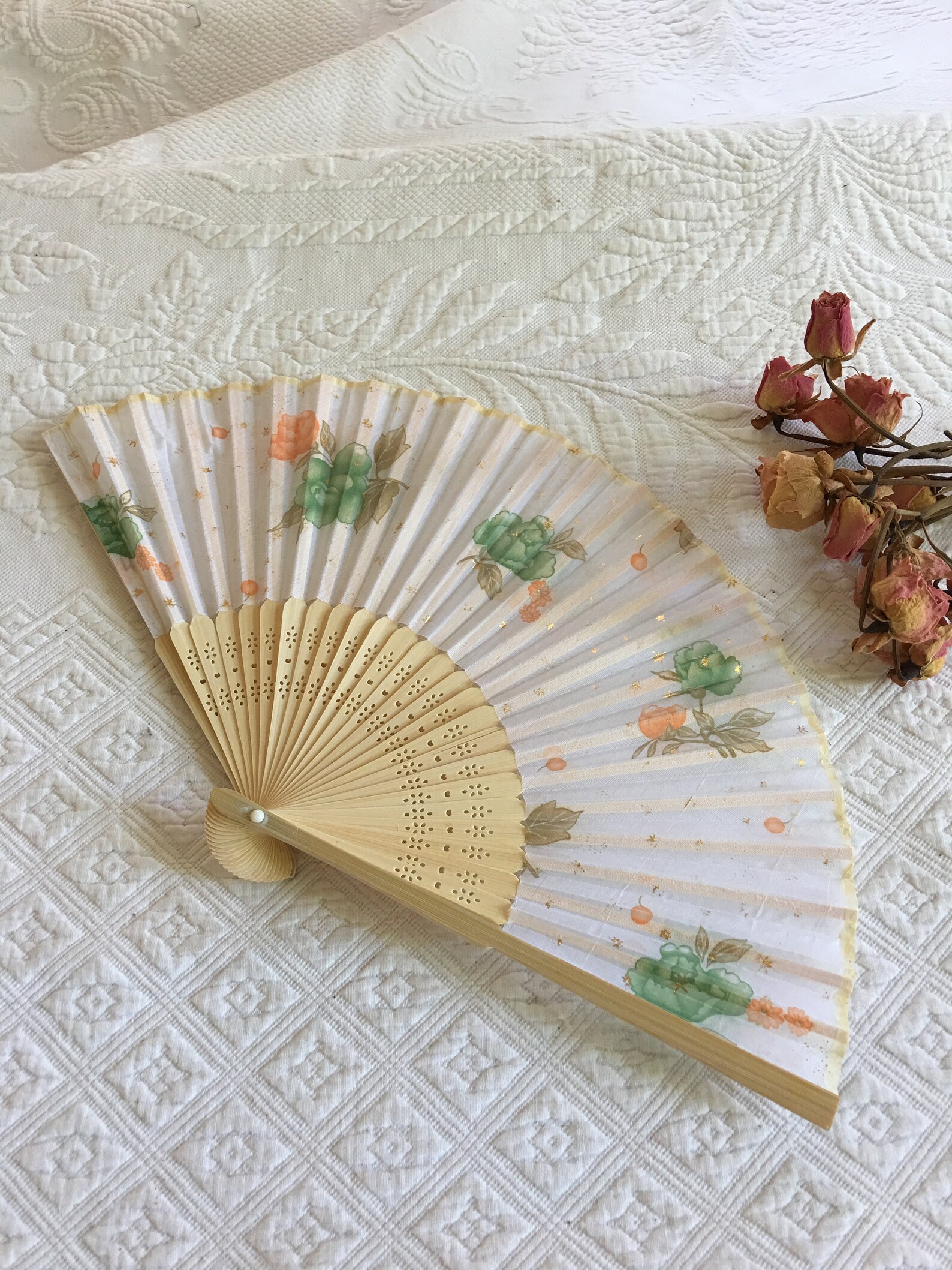 Silk and Wood Hand Fan. Openwork Design on Wood With Floral Designs and ...