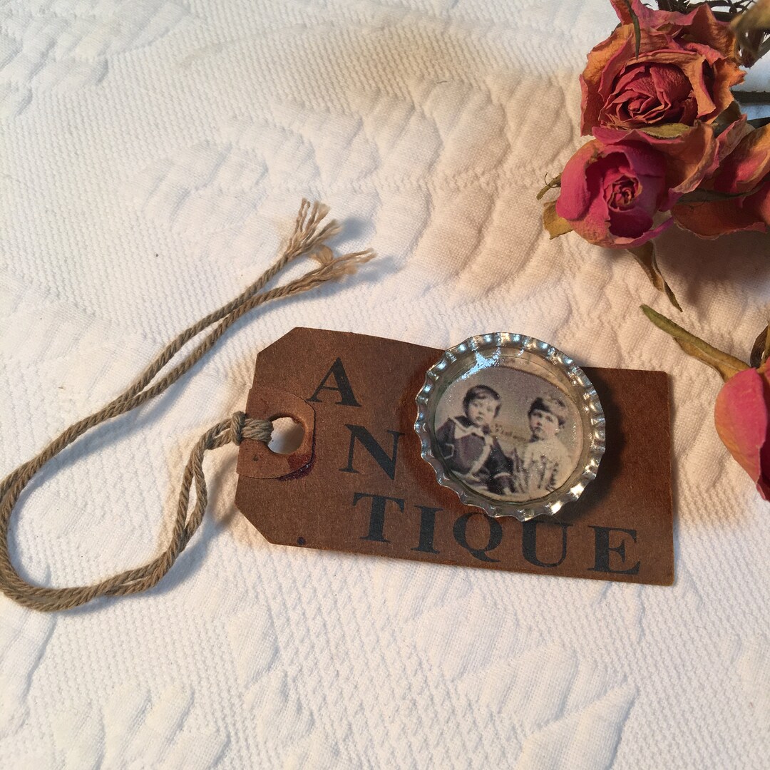 Vintage Tag and Picture Pin Brooch. Old String Tied From Tag With ...