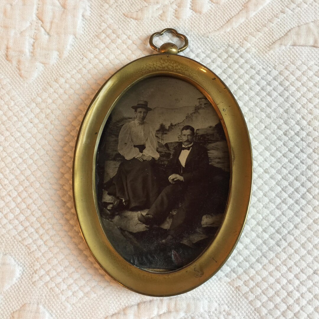 Victorian Brass Oval Frame With Tin Type Picture of Lady and Gentleman ...