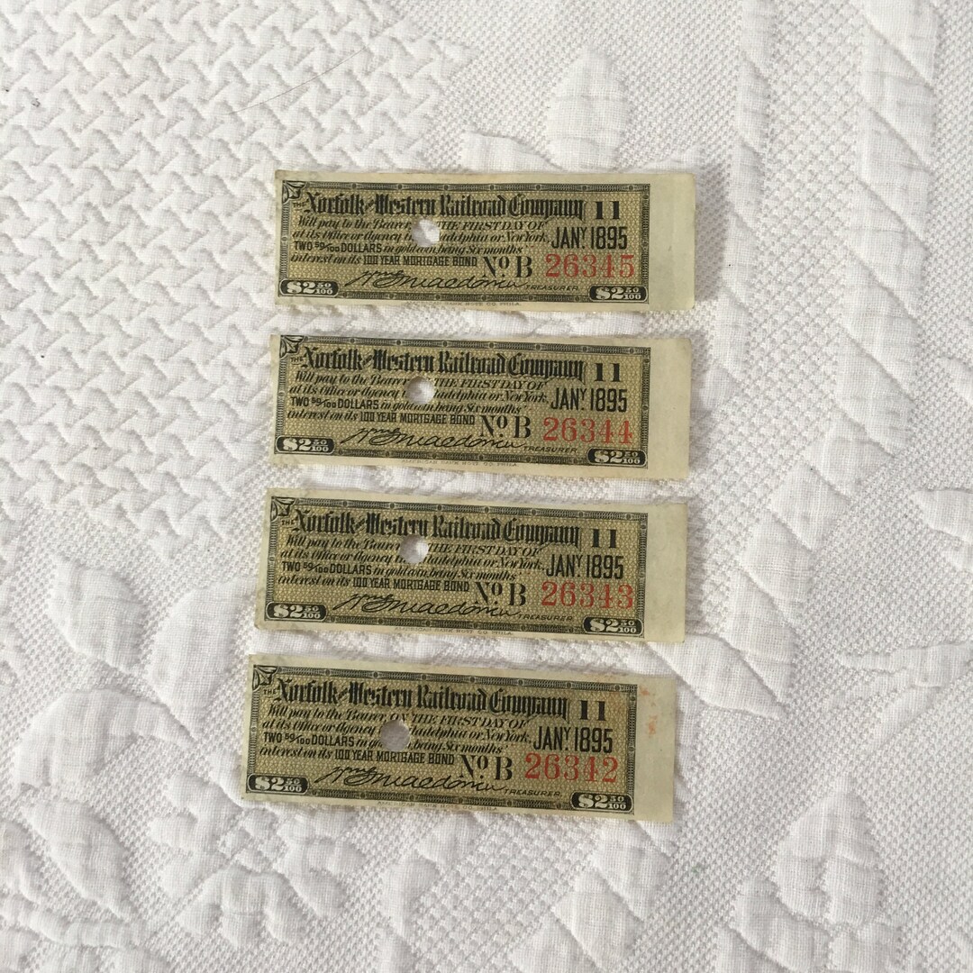 Antique 4 Consecutive 1895 Norfolk & Western Railroad Company Railway ...