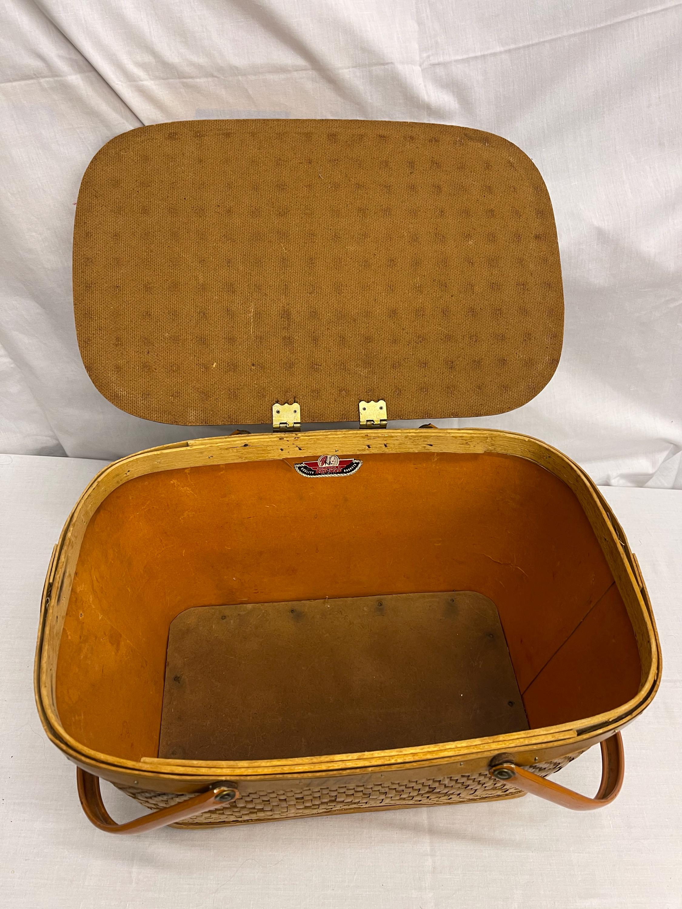 Vintage Red Man Quality Baskets Picnic Basket. Label Inside Back. Woven ...