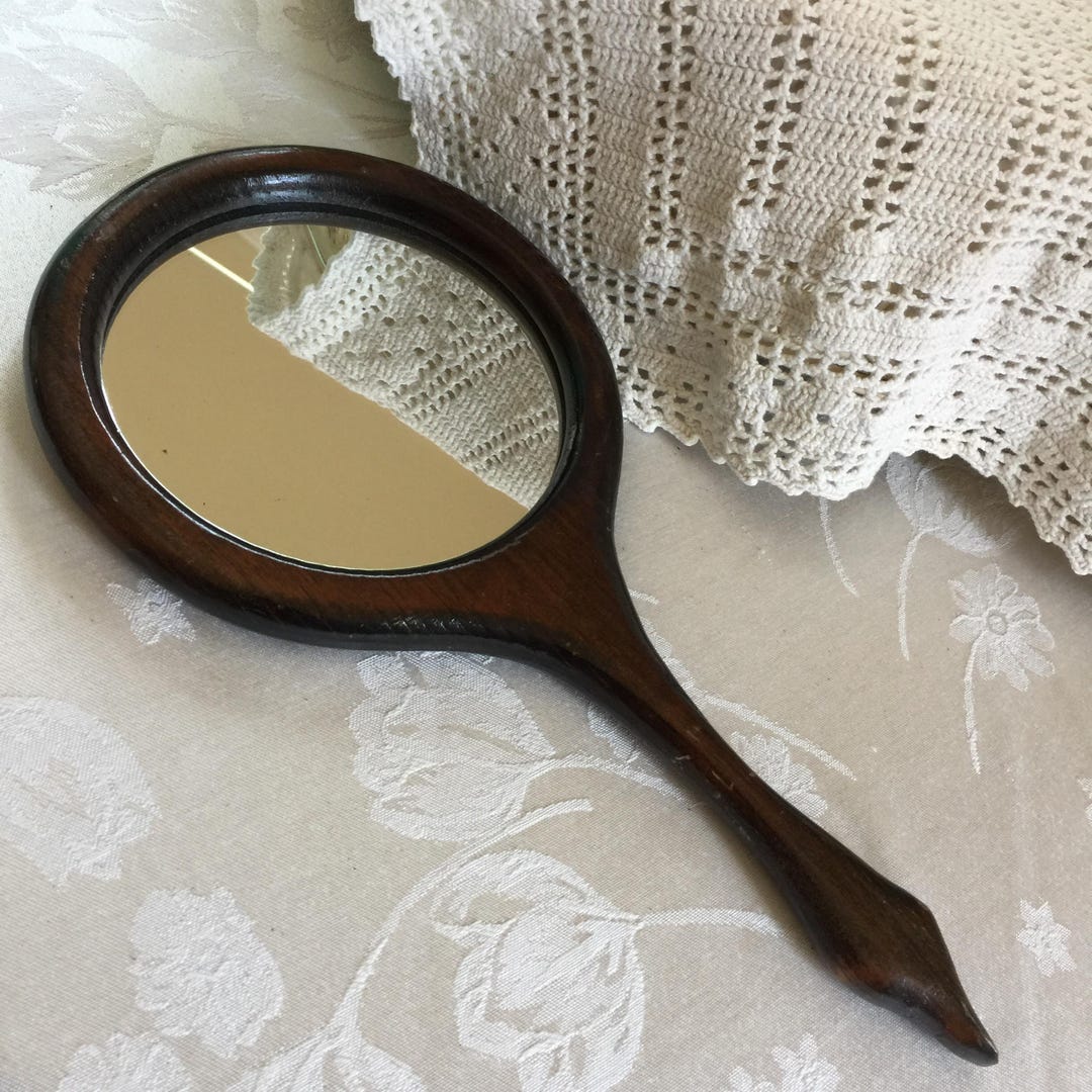 Vintage Wood Hand Mirror. Round Mirror and Pointed Handle. Soft Fabric ...