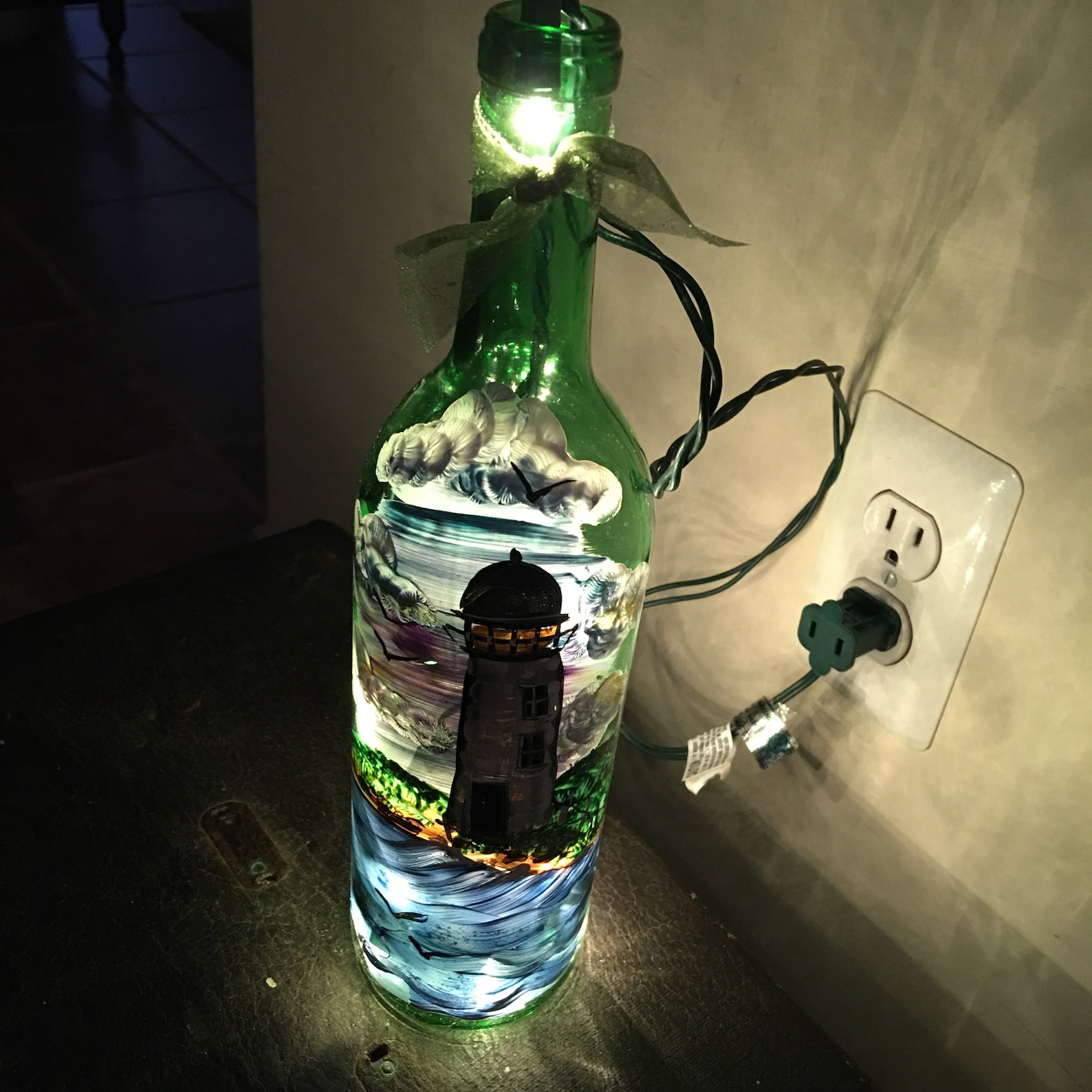Lighthouse Hand Painted Wine Bottle With Lights Inside. Green - Etsy