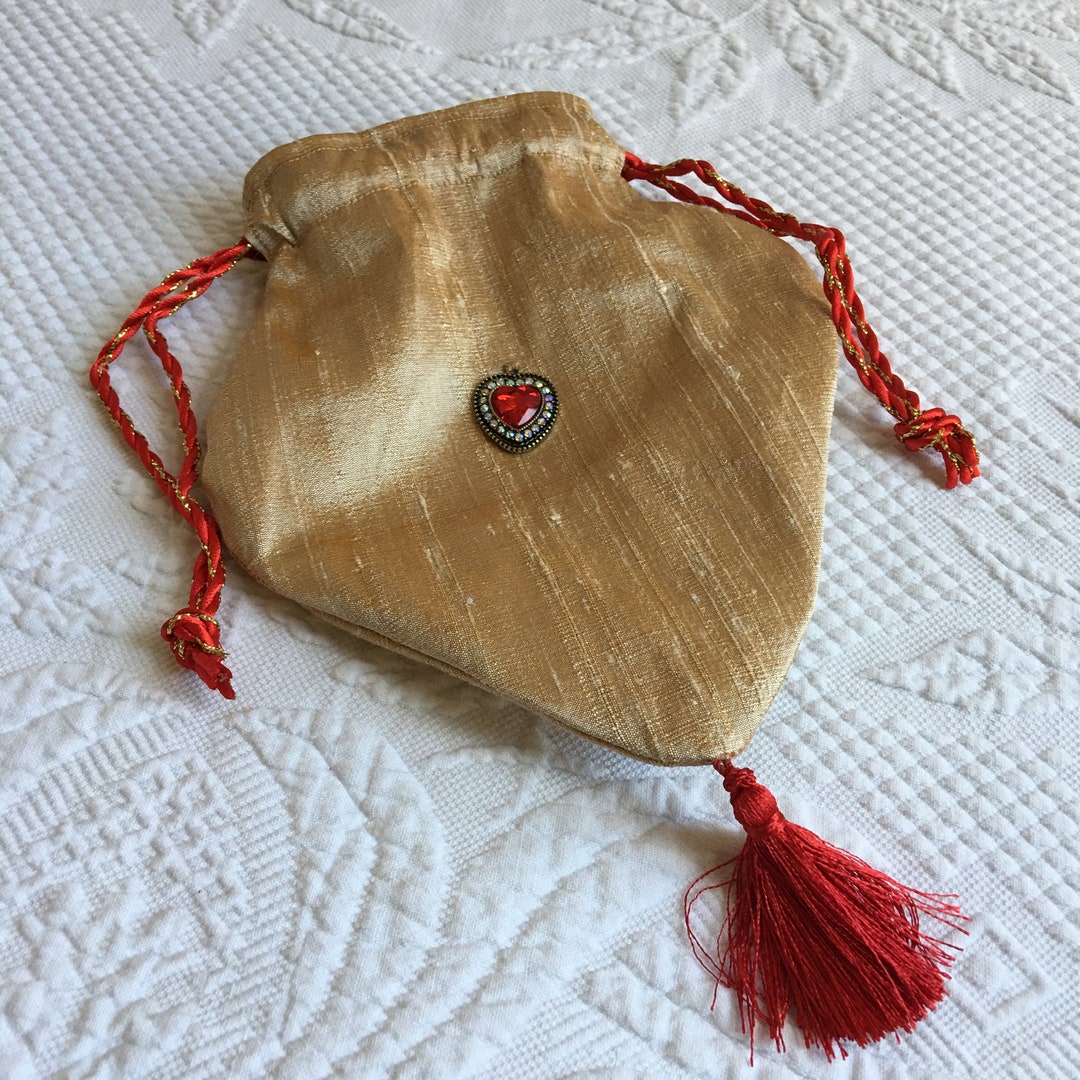 Handmade Raw Silk Reticule Purse. Gold Raw Silk Purse With Red and Gold ...
