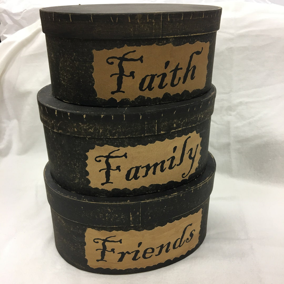 Vintage Set of 3 Painted Cardboard Oval Boxes. Faith, Family and ...
