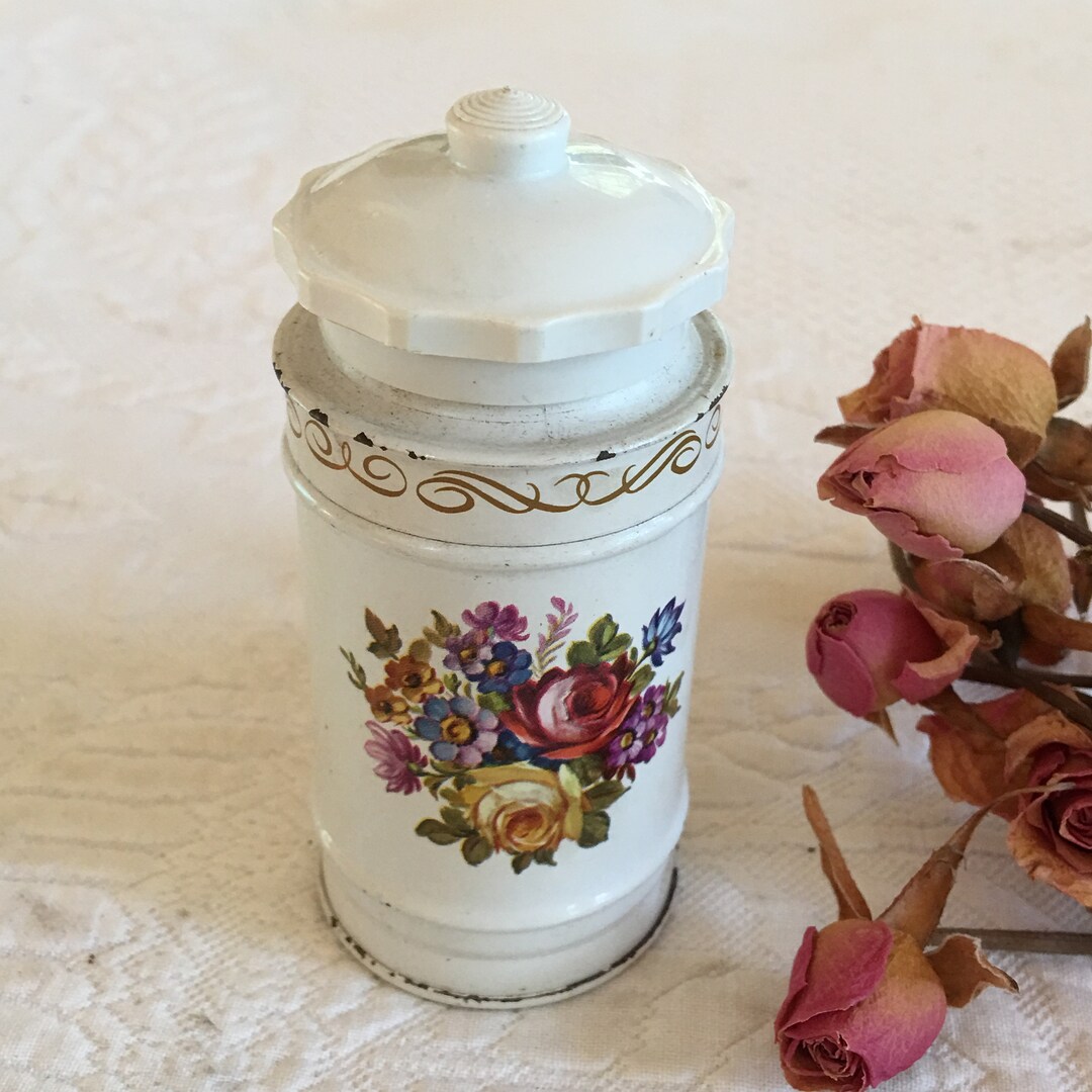 Vintage White Upright Tin With Plastic Screw on Lid. Flowers on Both ...