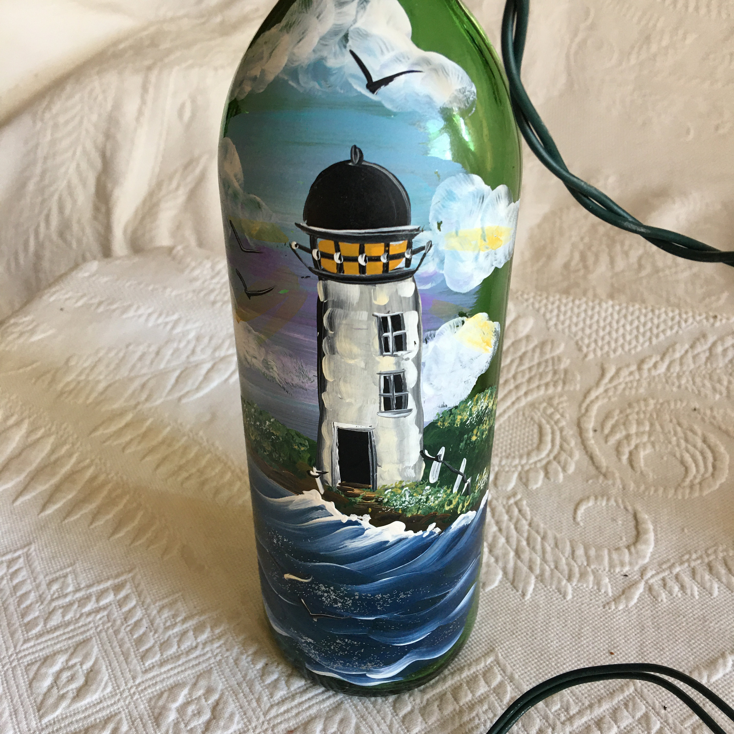 Lighthouse Hand Painted Wine Bottle With Lights Inside. Green - Etsy