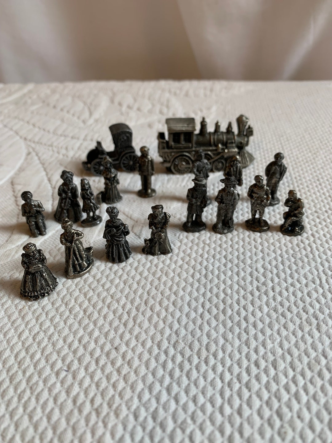 Vintage Pewter Miniatures. Train Engine and Car, 9 Pewter Men, 6 Women ...