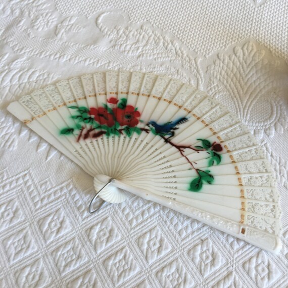 Vintage Plastic Openwork Fan With Blue Bird, Flowers,… - Gem