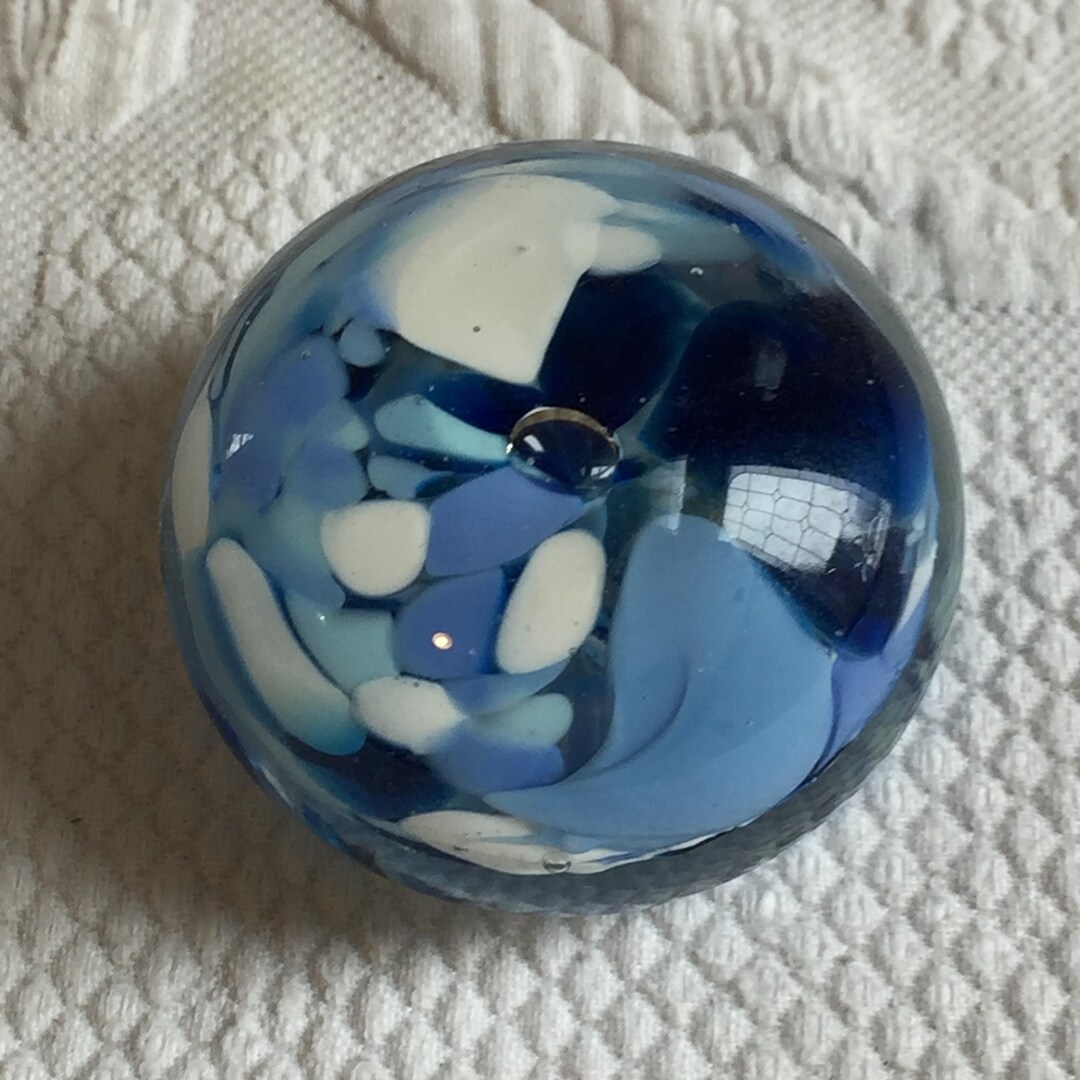 Vintage Art Hand Blown Glass Paperweight. Blue and White Floating Look ...