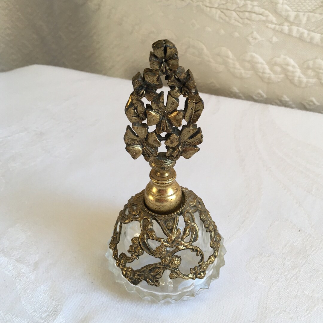 Vintage Perfume Bottle. Gold Tone Fancy Openwork Metal Over Glass Jar ...