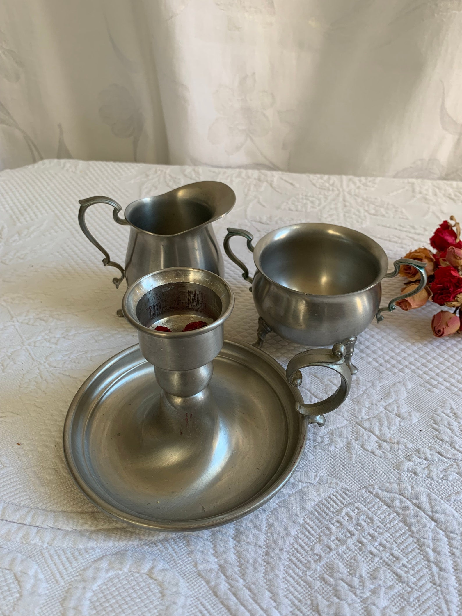 Vintage Web Pewter Candlestick and Cream and Sugar. Early American ...