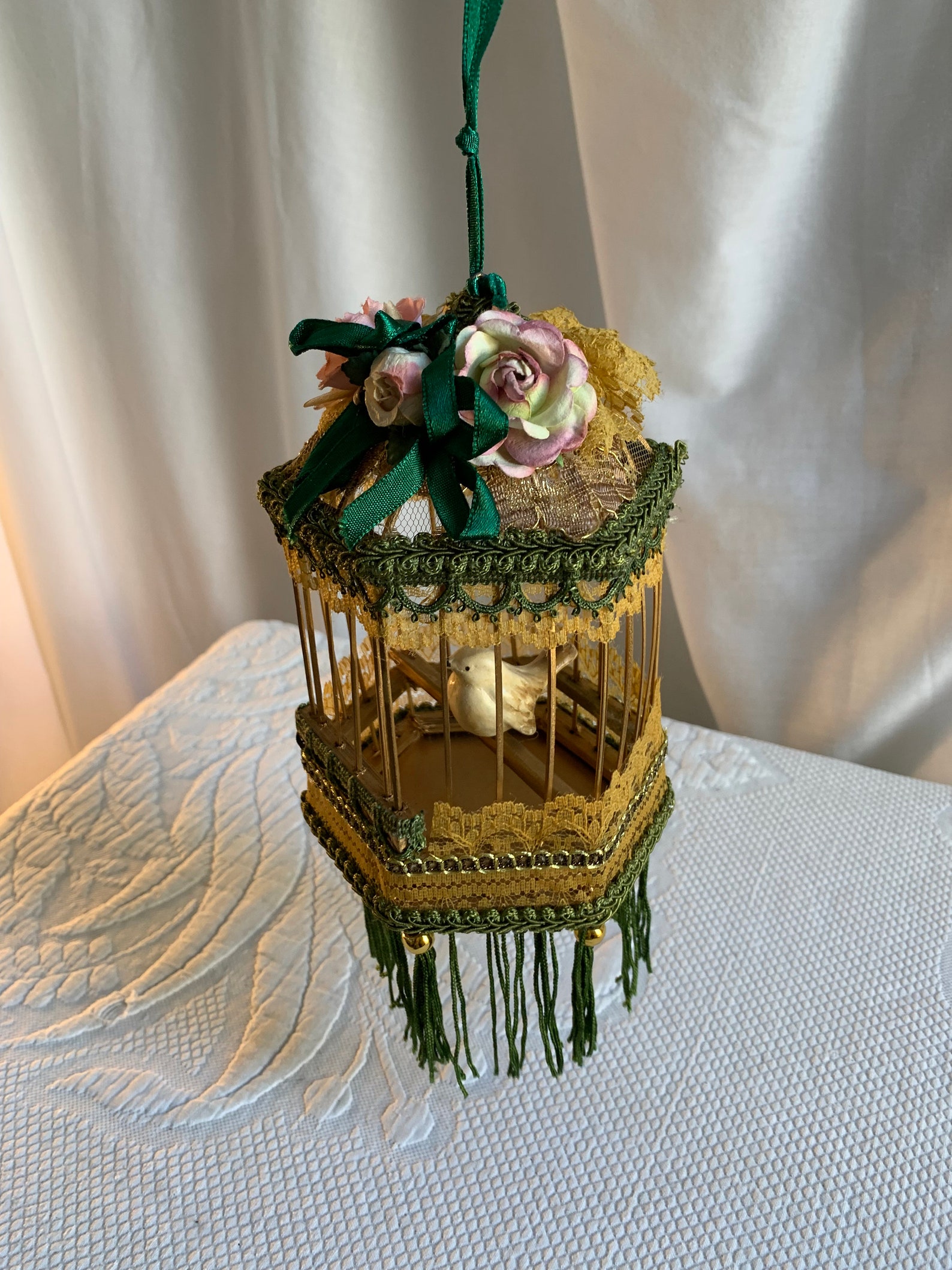 Vintage Bird in Cage With Lace, Trim and Tassels. Ribbon to Hang and ...