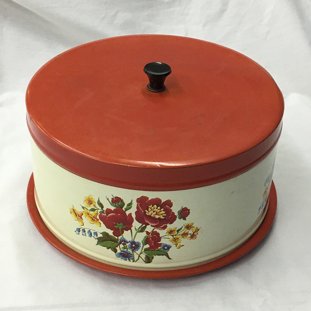 Vintage 1950s Cake Tin With Red Lid and Base and Red and Yellow Flowers ...