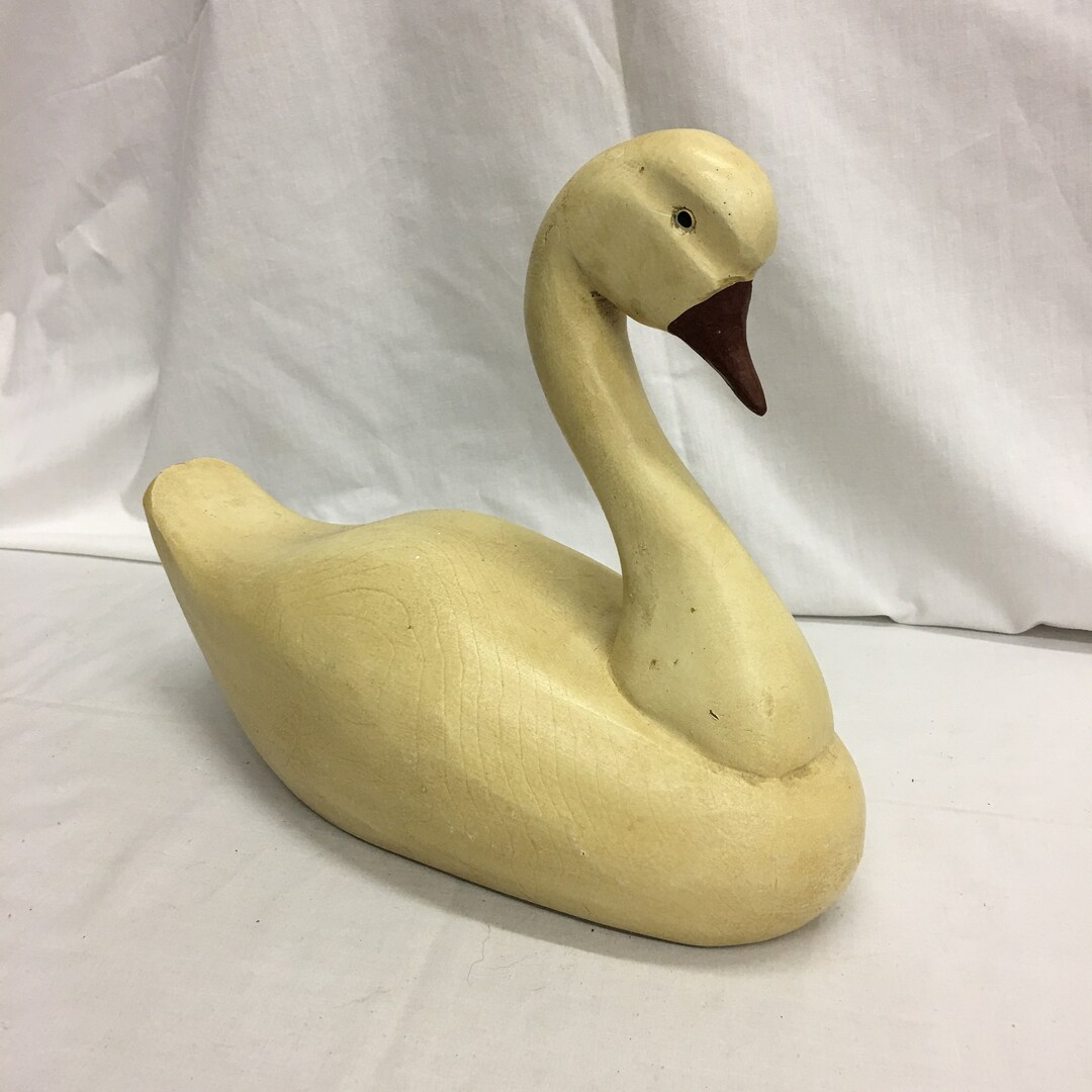 Vintage Wood Carved Swan. Creamy White Painted Swan With Red Beak and ...