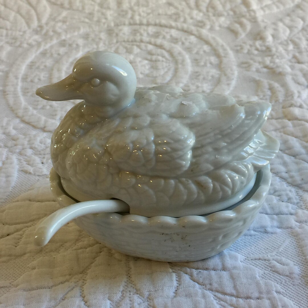 Vintage Ceramic Duck on a Basket Condiment Serving Bowl With Lid and ...