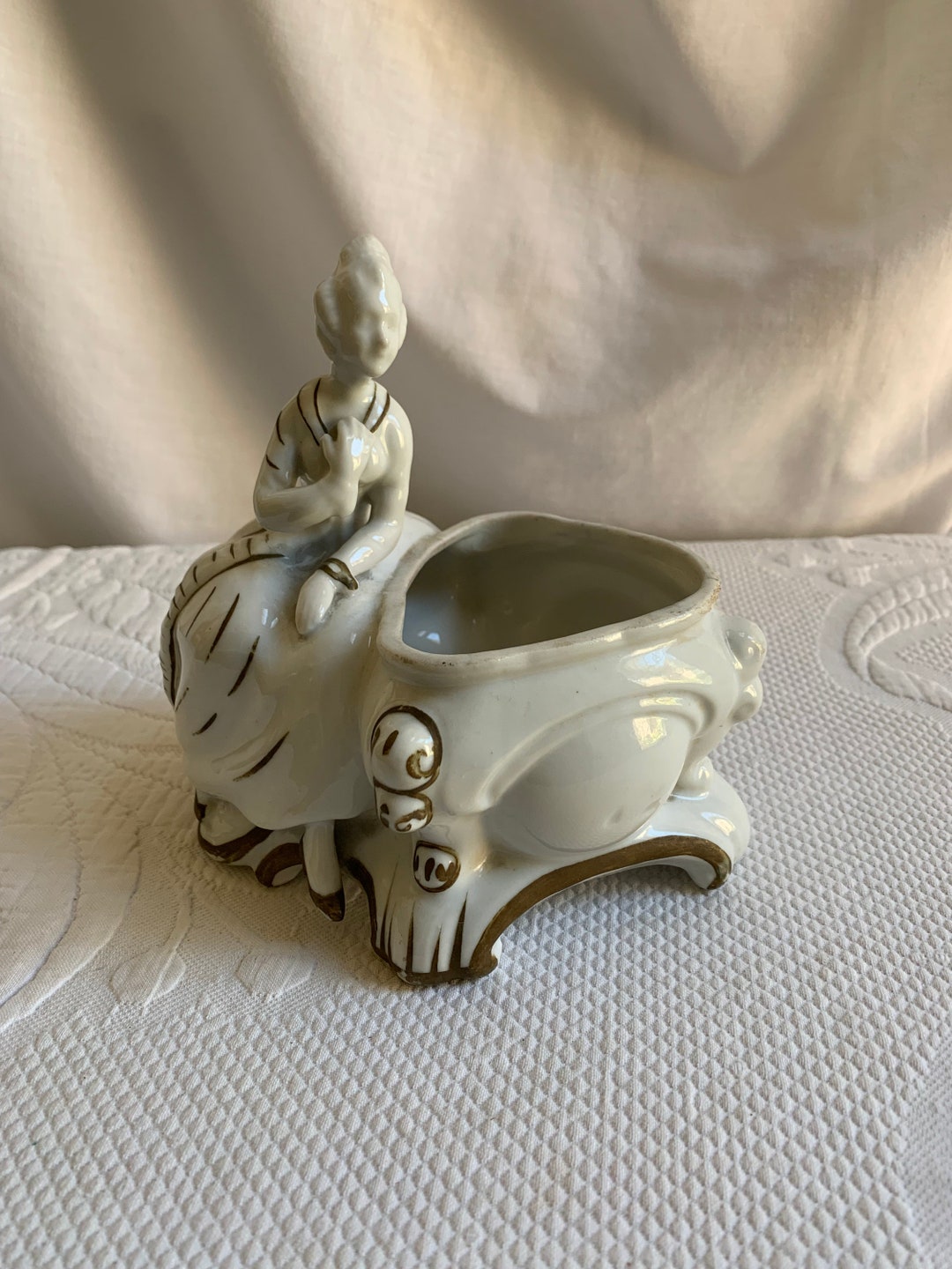 Vintage Porcelain Flower Pot Figurine With Lady Leaning Over Pot. Made ...