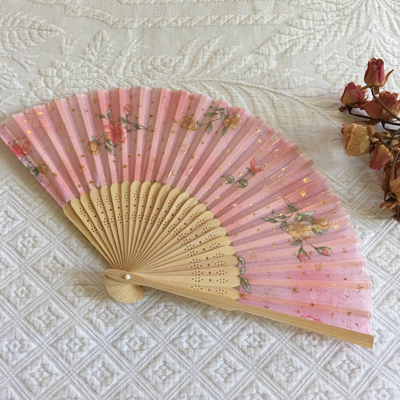 Silk and Wood Hand Fan. Openwork Design on Wood With Floral Designs and ...